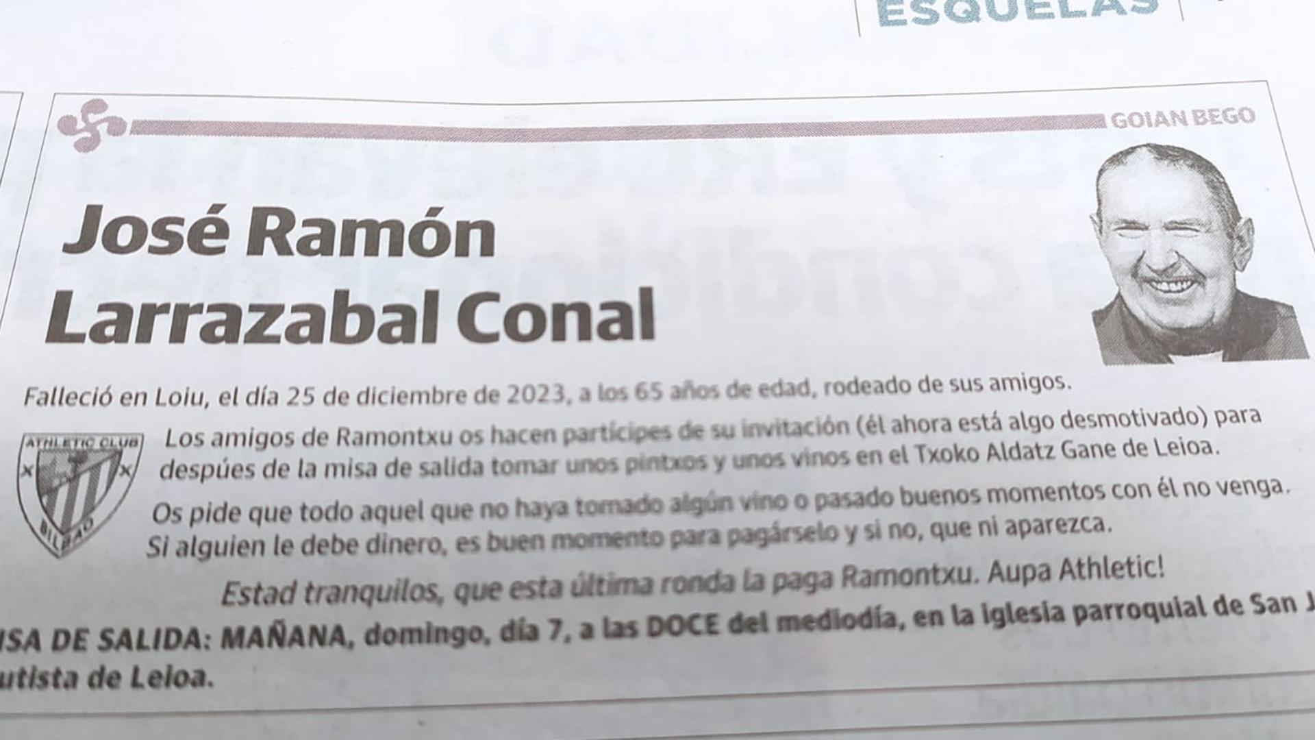 La viral esquela de un hincha del Athletic | El Correo La viral esquela de un hincha del Athletic | El Correo